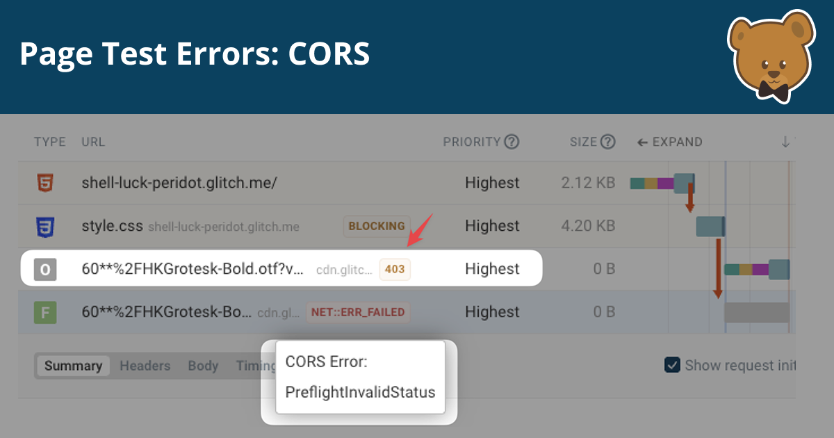 CORS errors in page test results | DebugBear